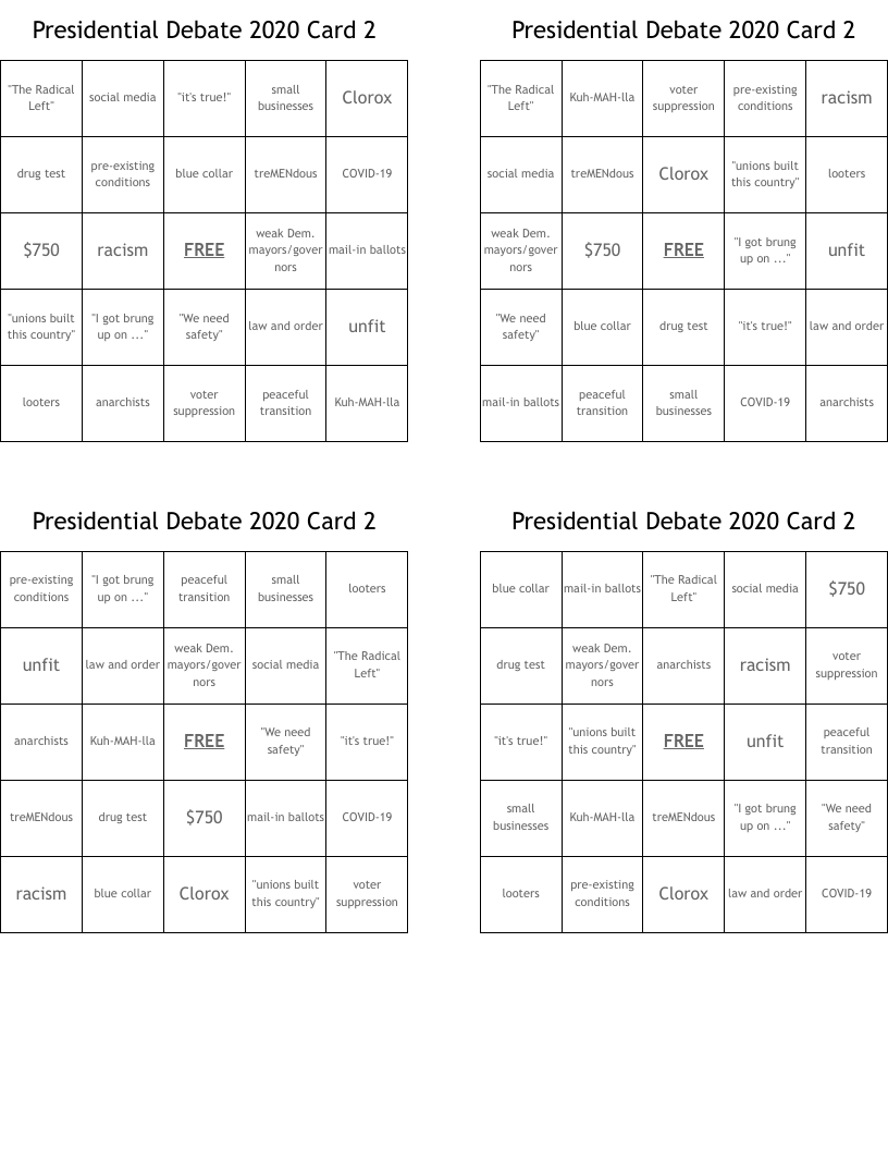 Presidential Debate 2020 Card 2 Bingo Cards - WordMint