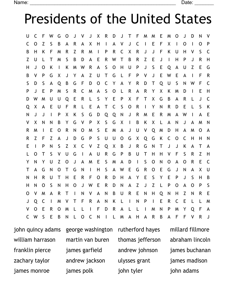 Presidents Of The United States Word Search WordMint