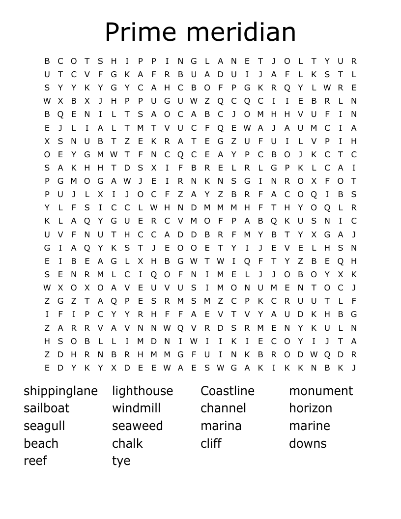 Prime meridian Word Search - WordMint
