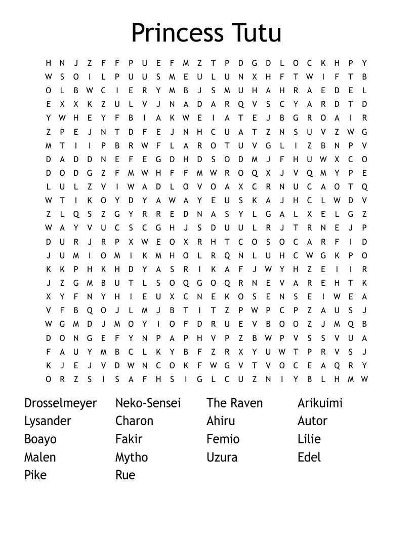 Princess Tutu Word Search - WordMint
