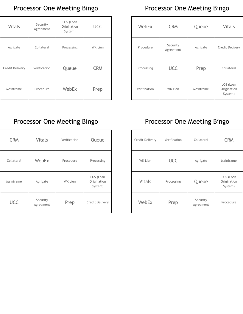 Processor One Meeting Bingo - WordMint