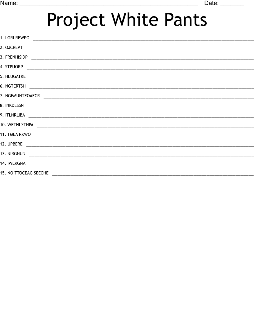Project White Pants Word Scramble - WordMint