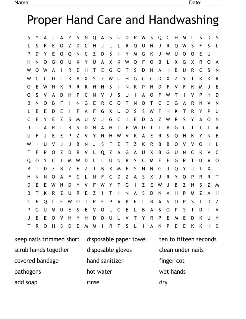 Proper Hand Care And Handwashing Word Search WordMint