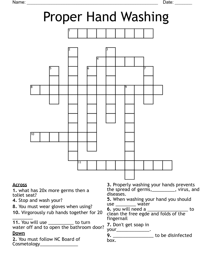 Printable Hand Hygiene Crossword Puzzle Printable Word Searches