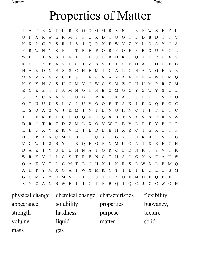 Properties of Matter Word Search - WordMint