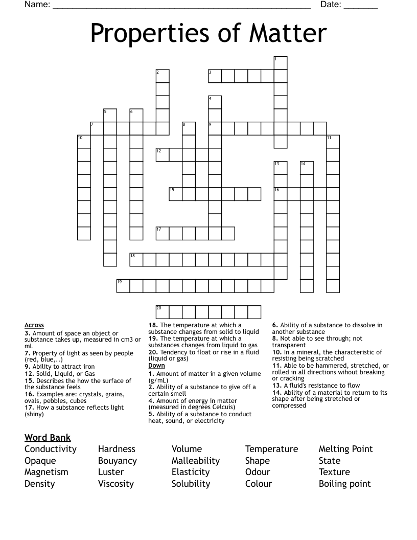 Properties of Matter Crossword - WordMint
