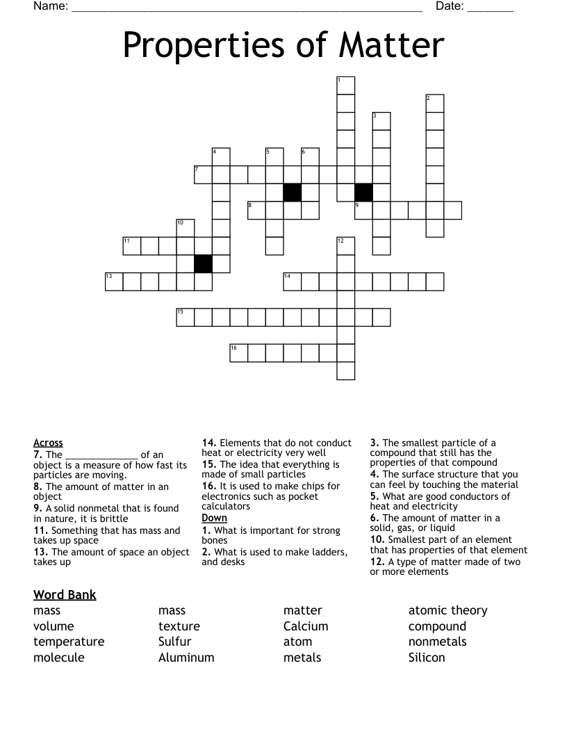 Properties of Matter Crossword - WordMint