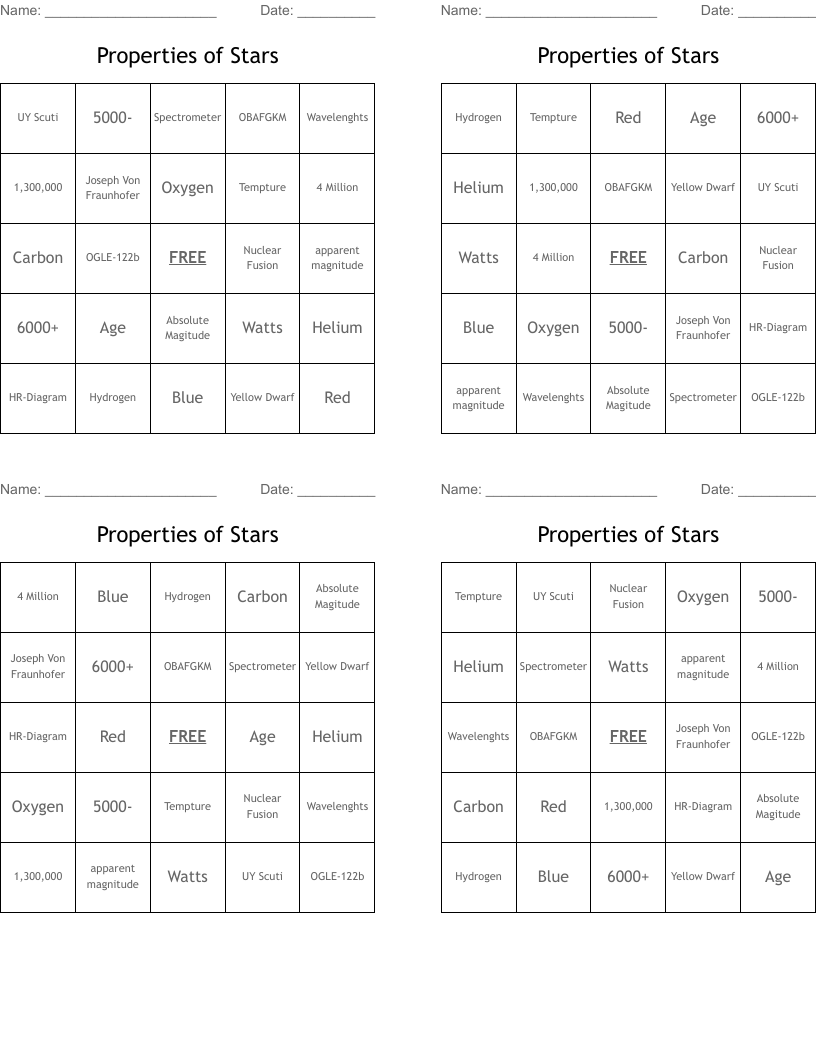 Properties of Stars Bingo Cards - WordMint