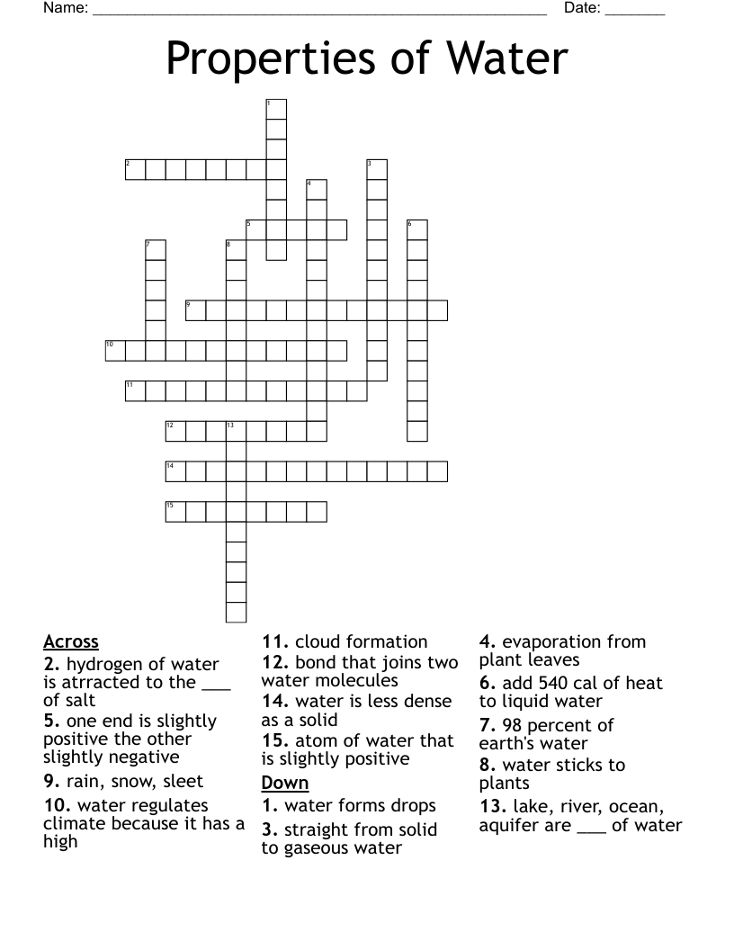 Properties of Water Crossword - WordMint