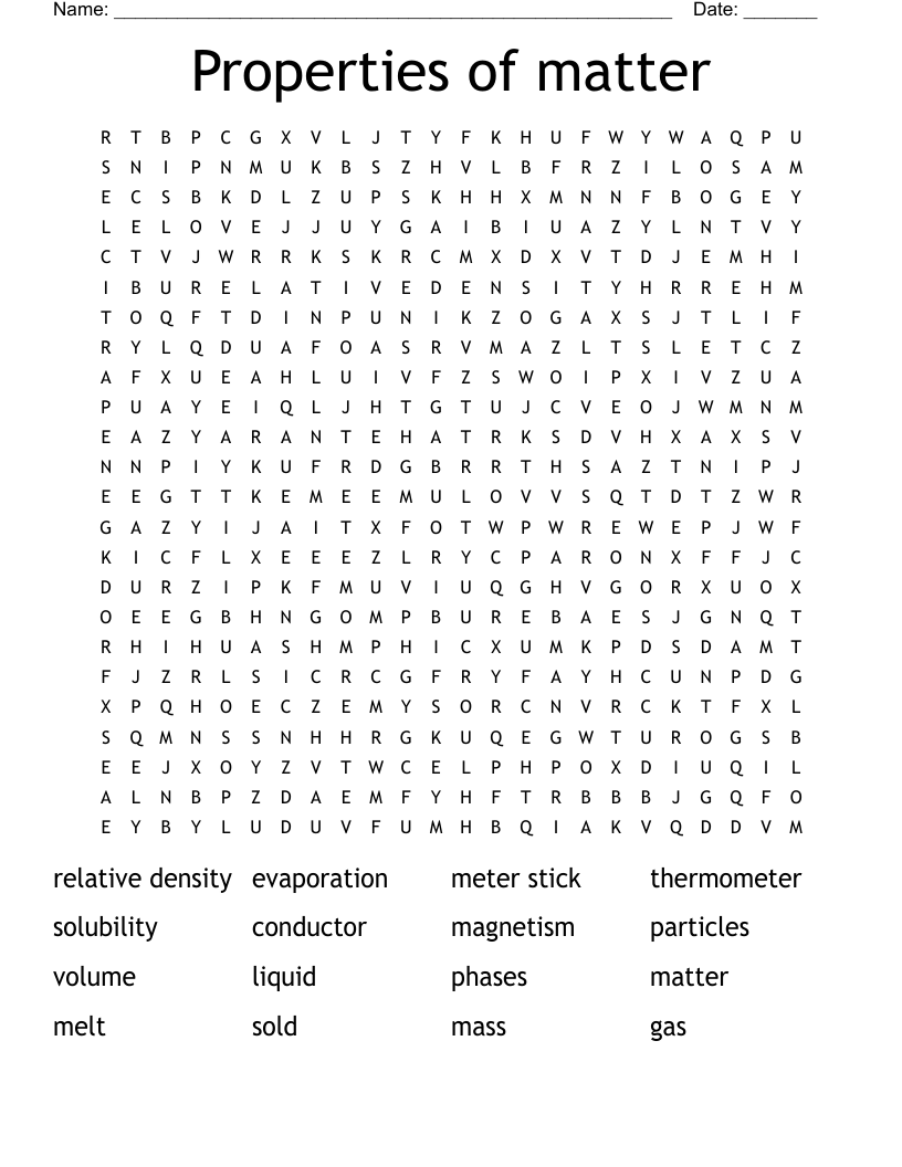 Properties of matter Word Search - WordMint