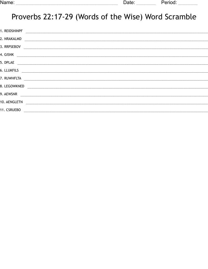 Proverbs 22:17-29 (Words of the Wise) Word Scramble - WordMint