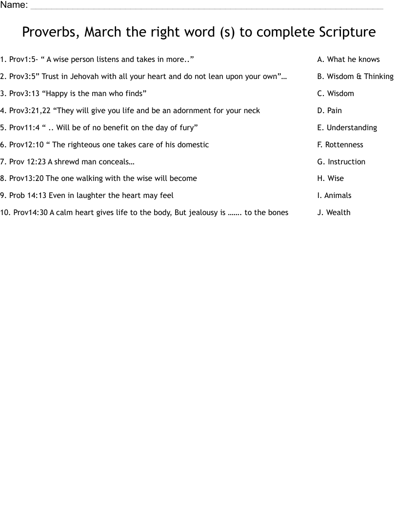 Proverbs, March the right word (s) to complete Scripture Worksheet ...