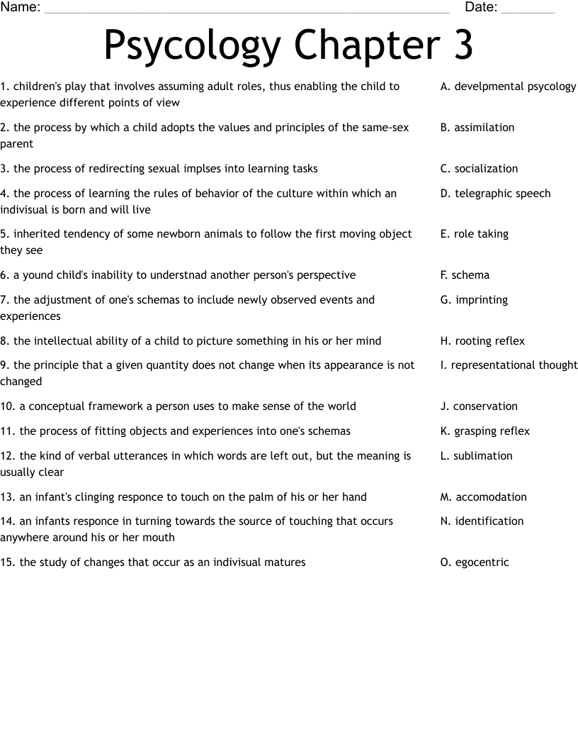 Psycology Chapter 3 Worksheet - WordMint