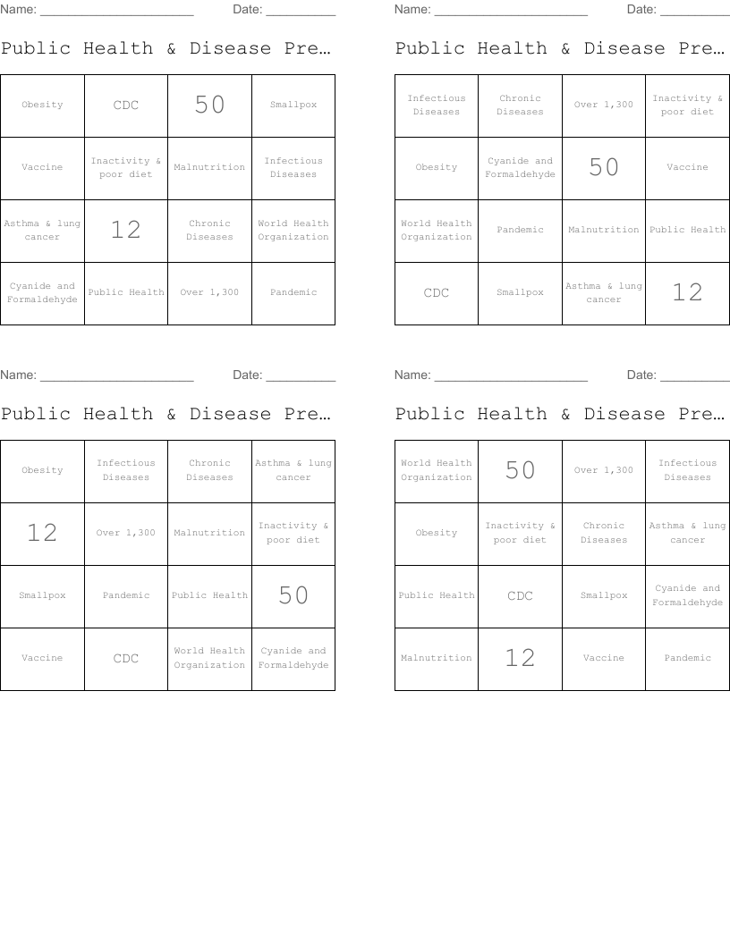 Public Health & Disease Prevention Bingo - WordMint