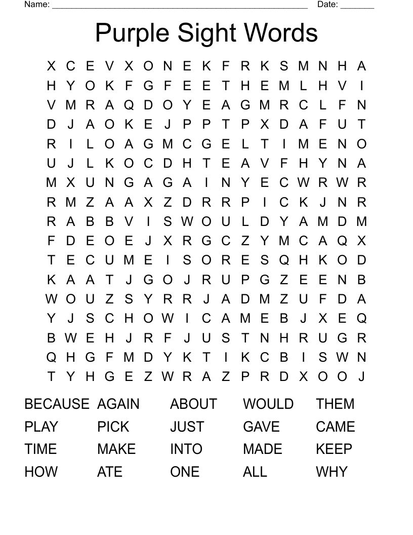 Purple Sight Words Word Search - WordMint