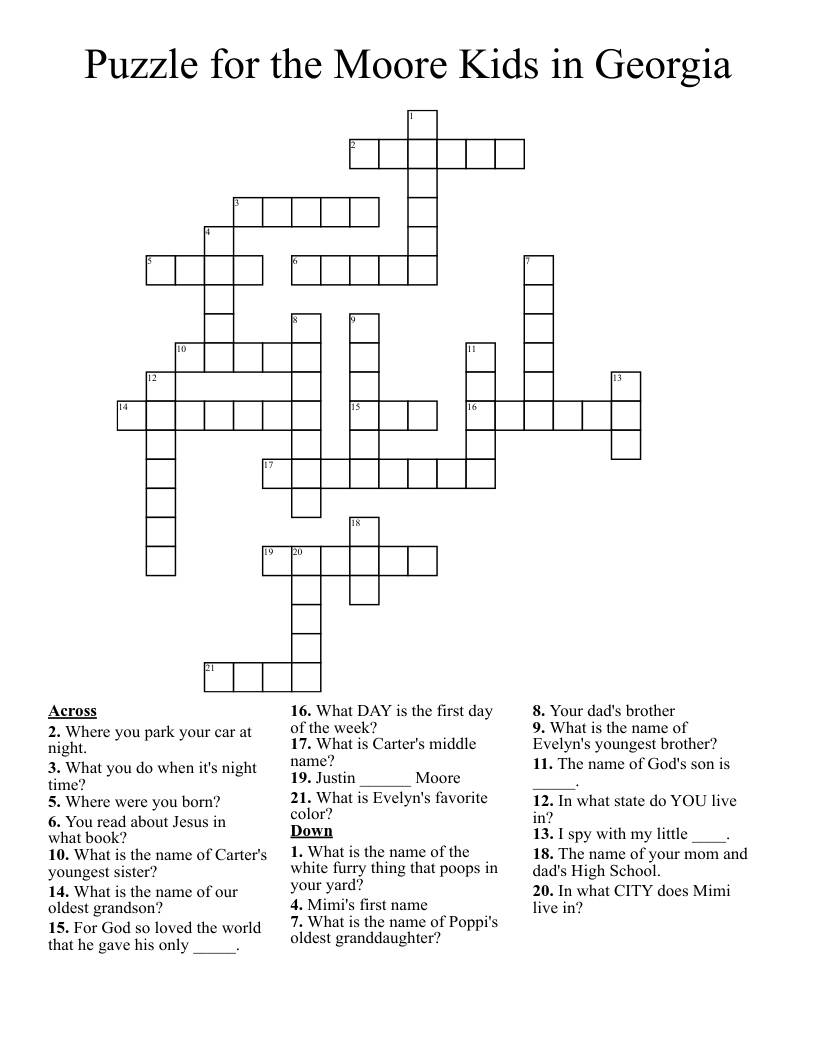 Puzzle for the Moore Kids in Georgia Crossword - WordMint