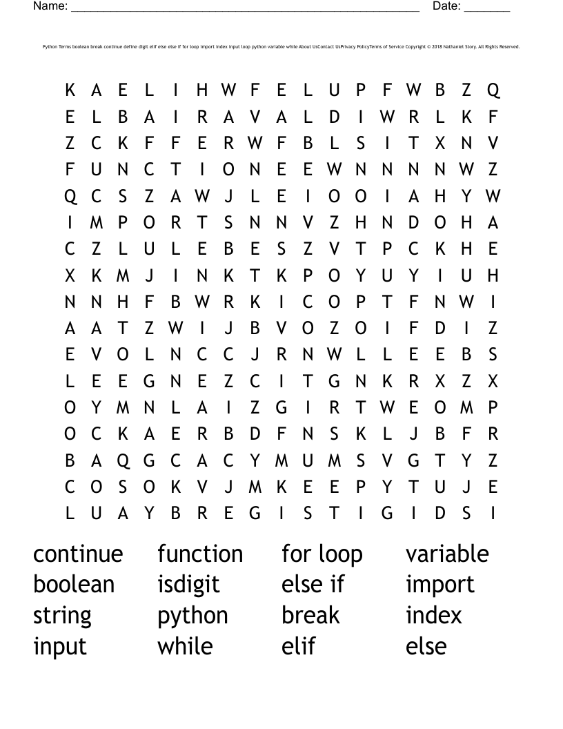 Python Terms Boolean Break Continue Define Digit Elif Else Else If For