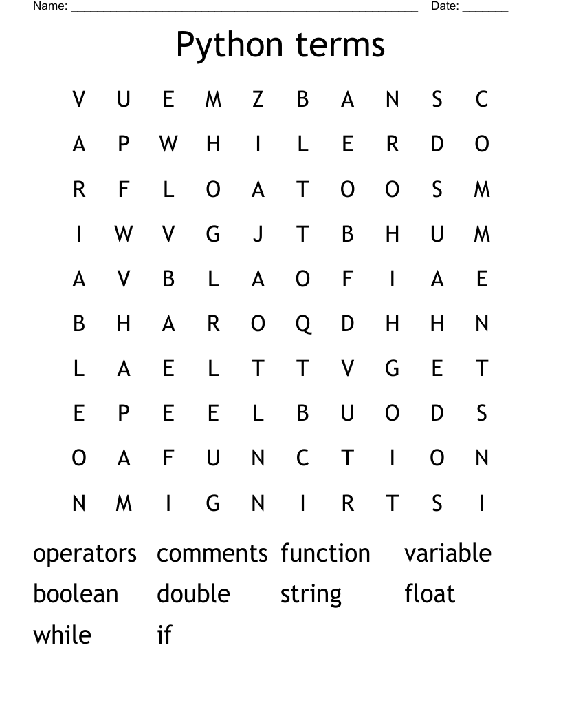 Python Terms Word Search WordMint