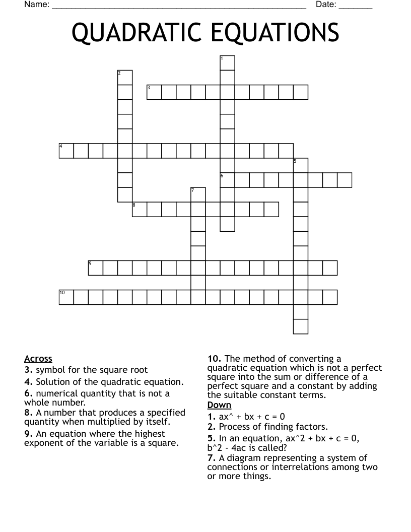 QUADRATIC EQUATIONS Crossword WordMint