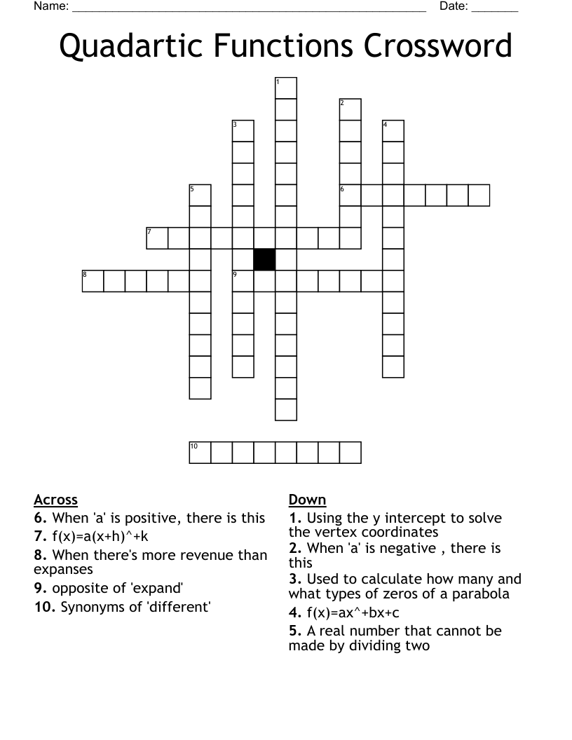 Quadartic Functions Crossword - WordMint