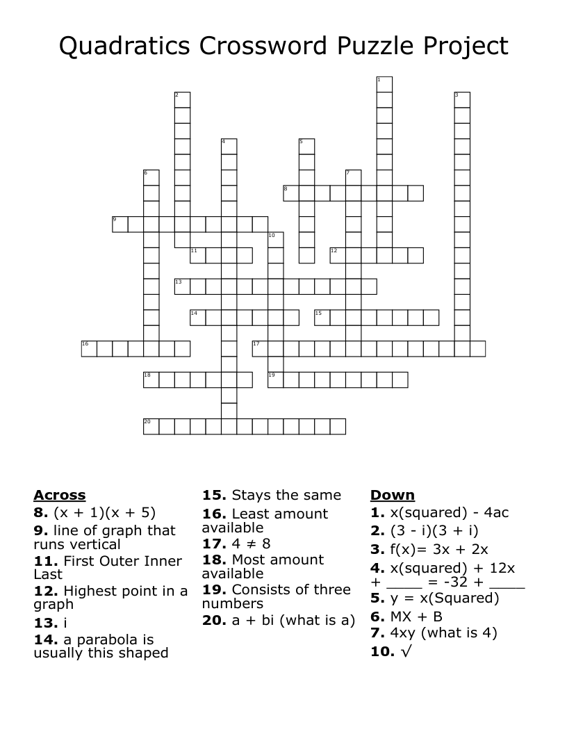 Quadratics Crossword Puzzle Project - WordMint