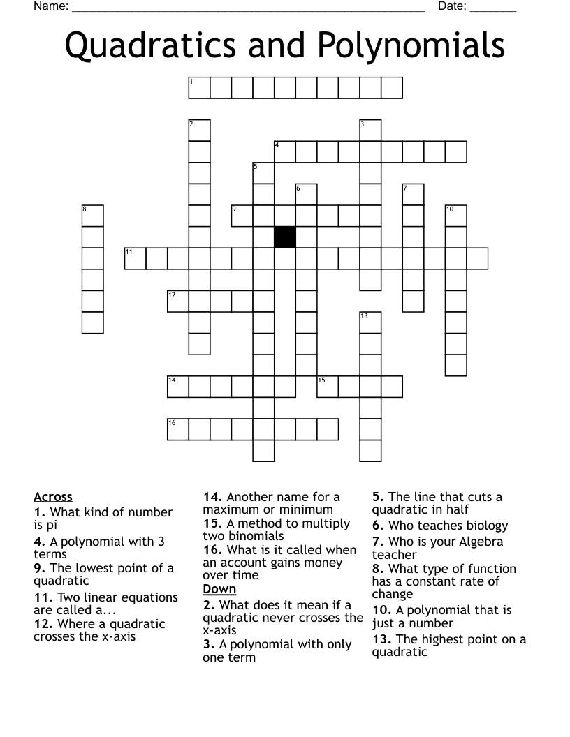 Quadratics and Polynomials Crossword - WordMint