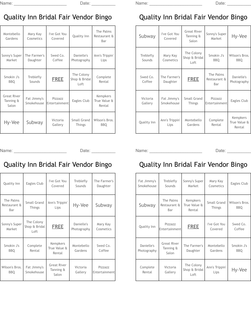 Quality Inn Bridal Fair Vendor Bingo - WordMint