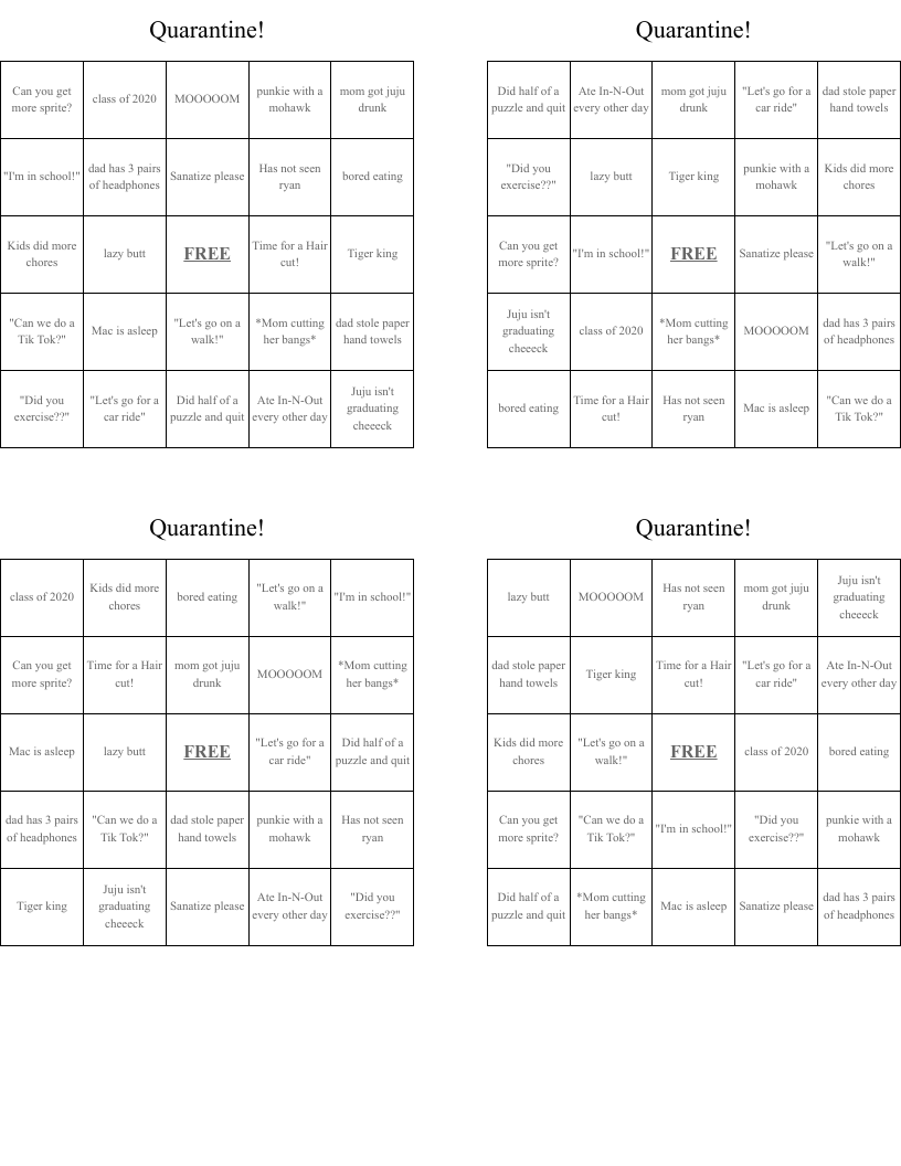 Quarantine! Bingo Cards - WordMint