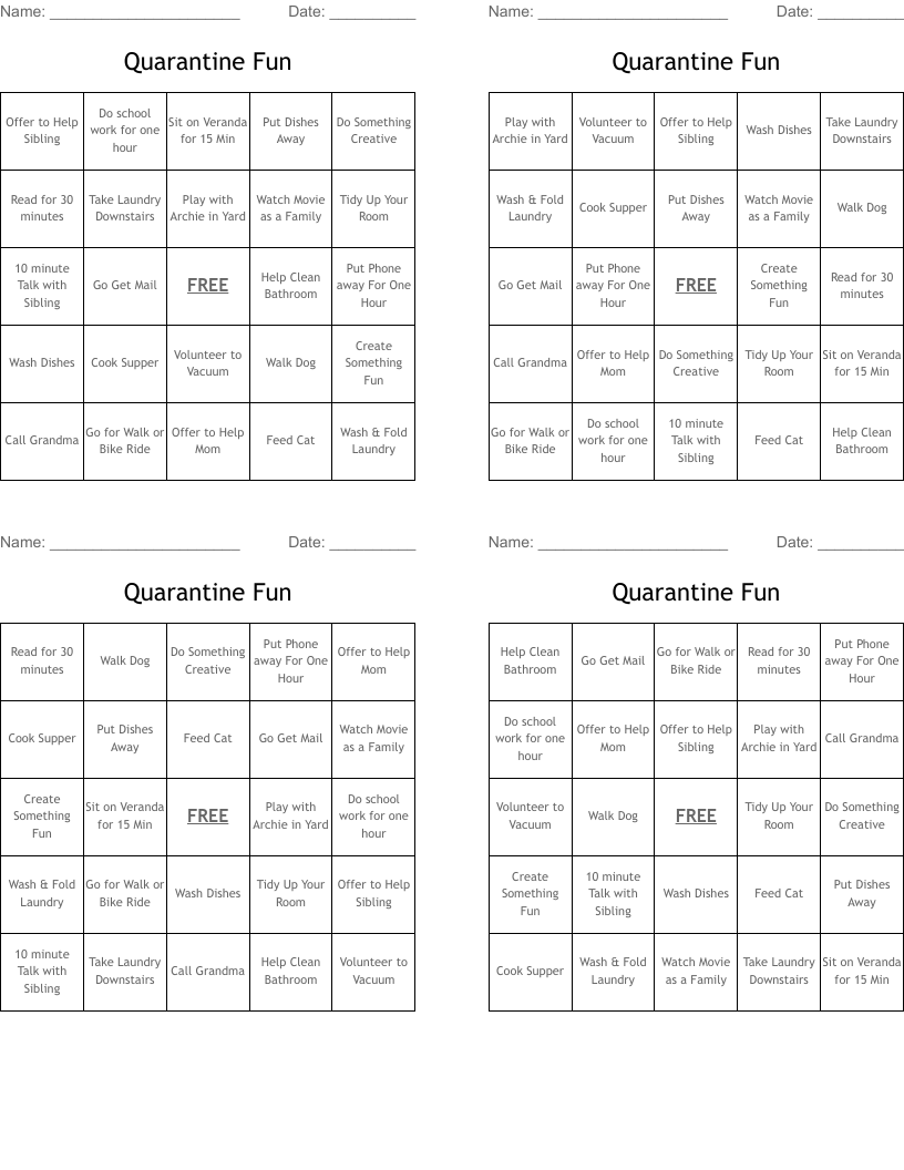 Quarantine Fun Bingo Cards - WordMint