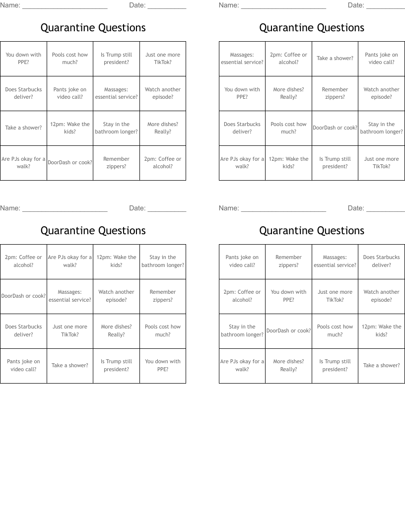 Quarantine Questions Bingo Cards - WordMint