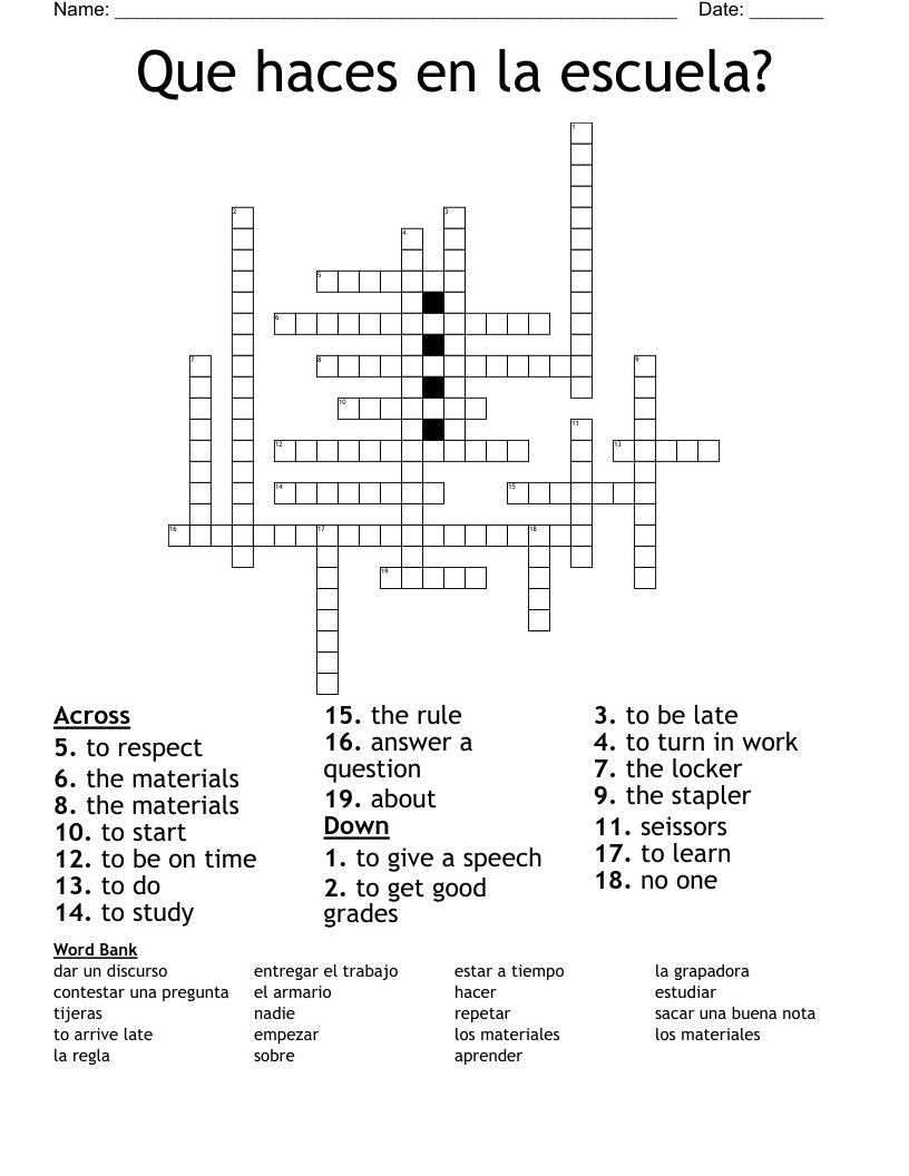 Que haces en la escuela? Crossword - WordMint
