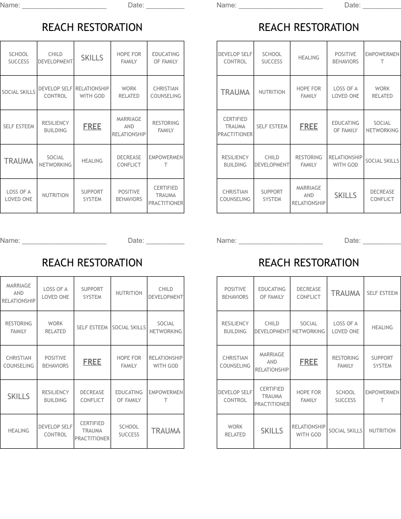 REACH RESTORATION Bingo Cards - WordMint