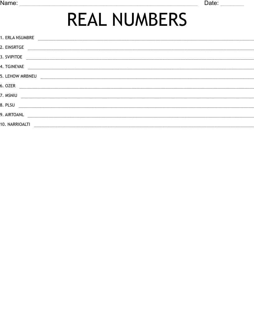 REAL NUMBERS Word Scramble - WordMint