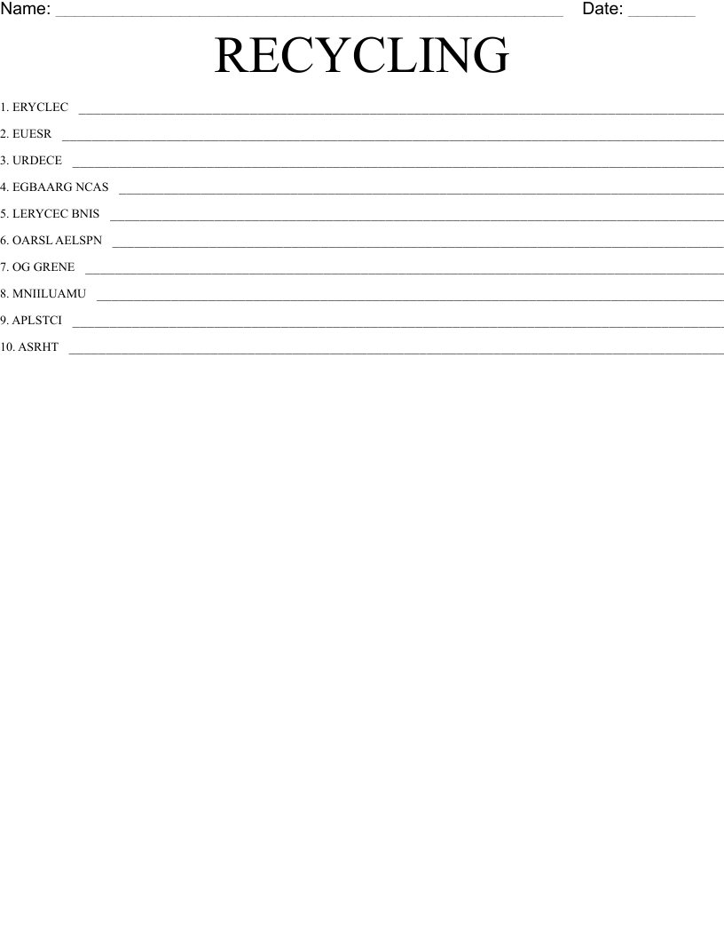 RECYCLING Word Scramble - WordMint