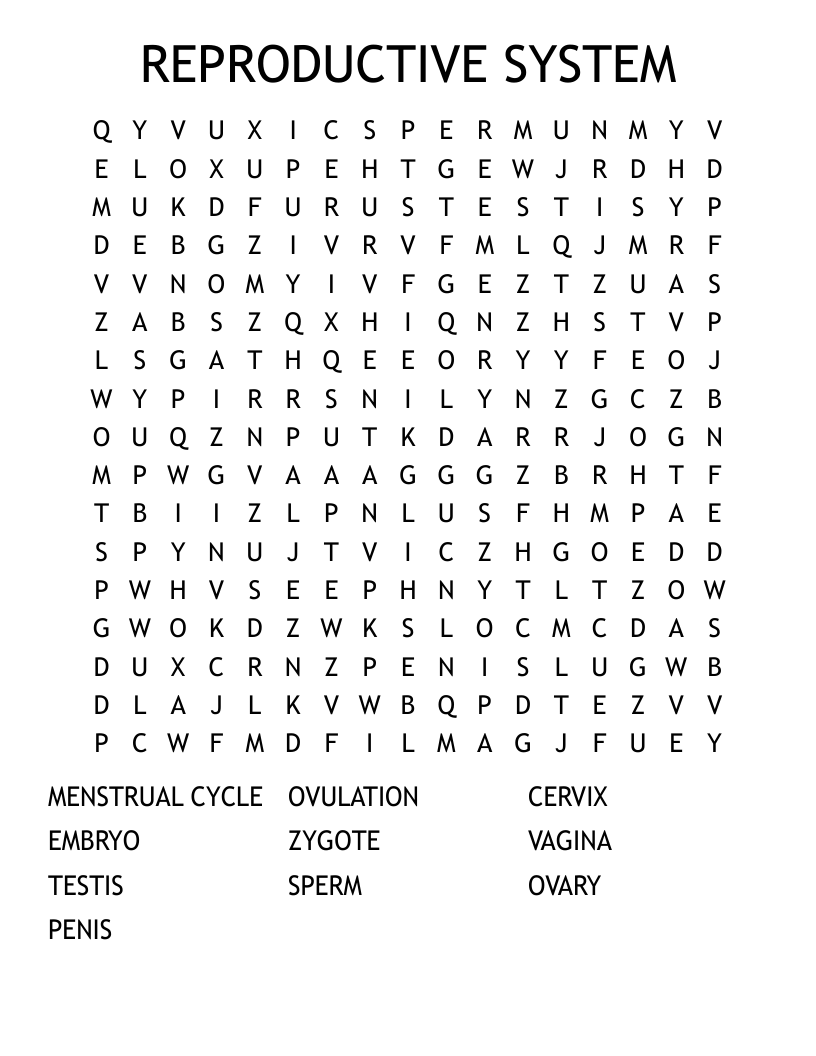 REPRODUCTIVE SYSTEM Word Search WordMint