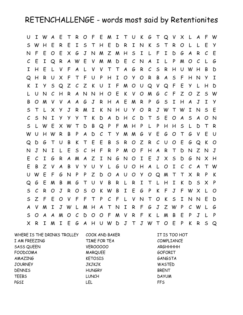 RETENCHALLENGE - words most said by Retentionites Word Search - WordMint