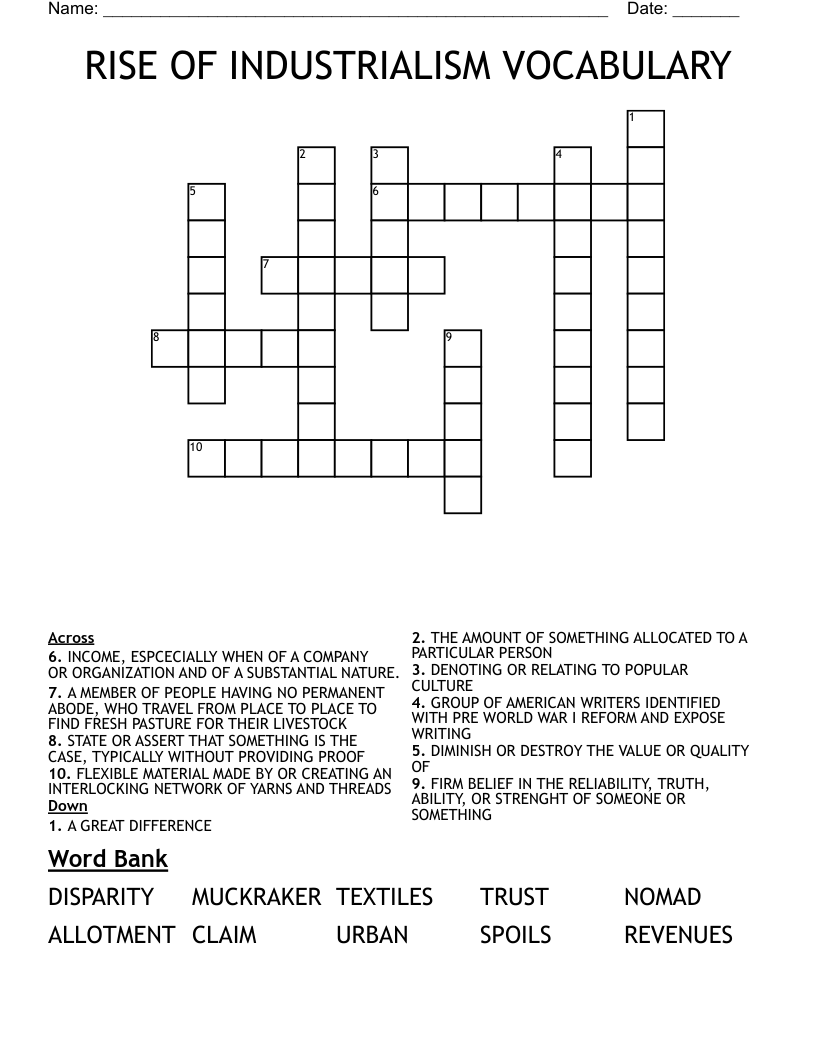 RISE OF INDUSTRIALISM VOCABULARY Crossword - WordMint