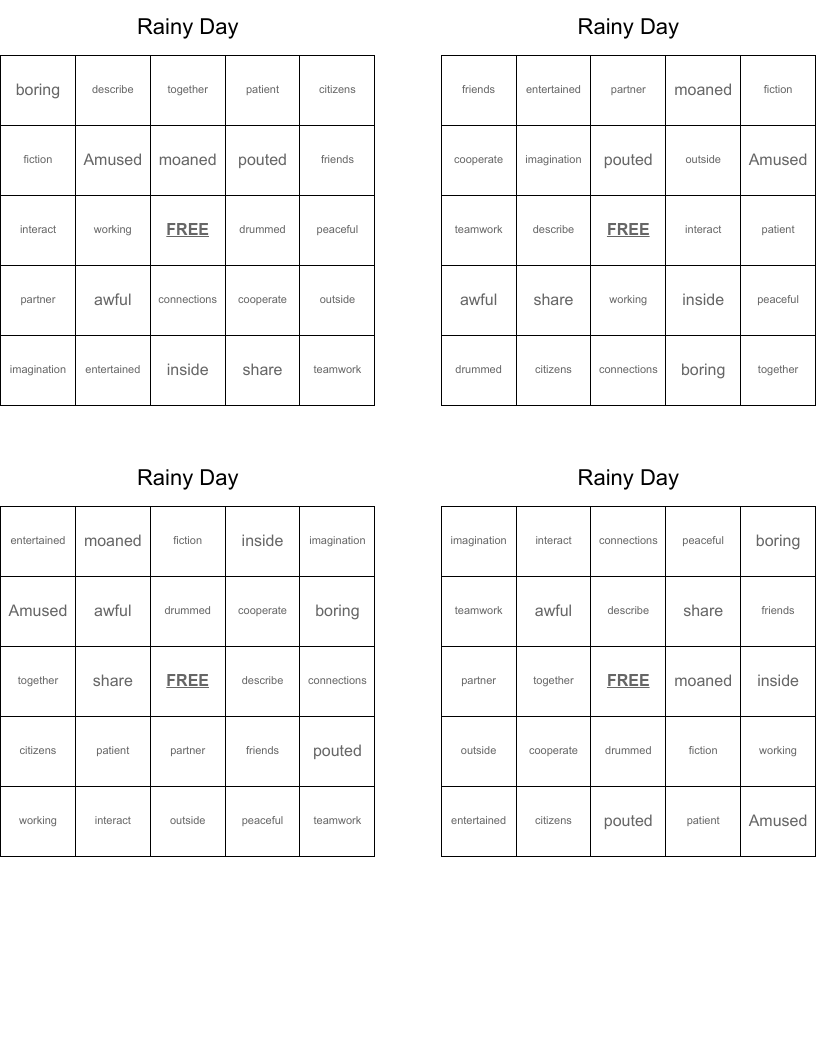 Rainy Day Bingo Cards - WordMint