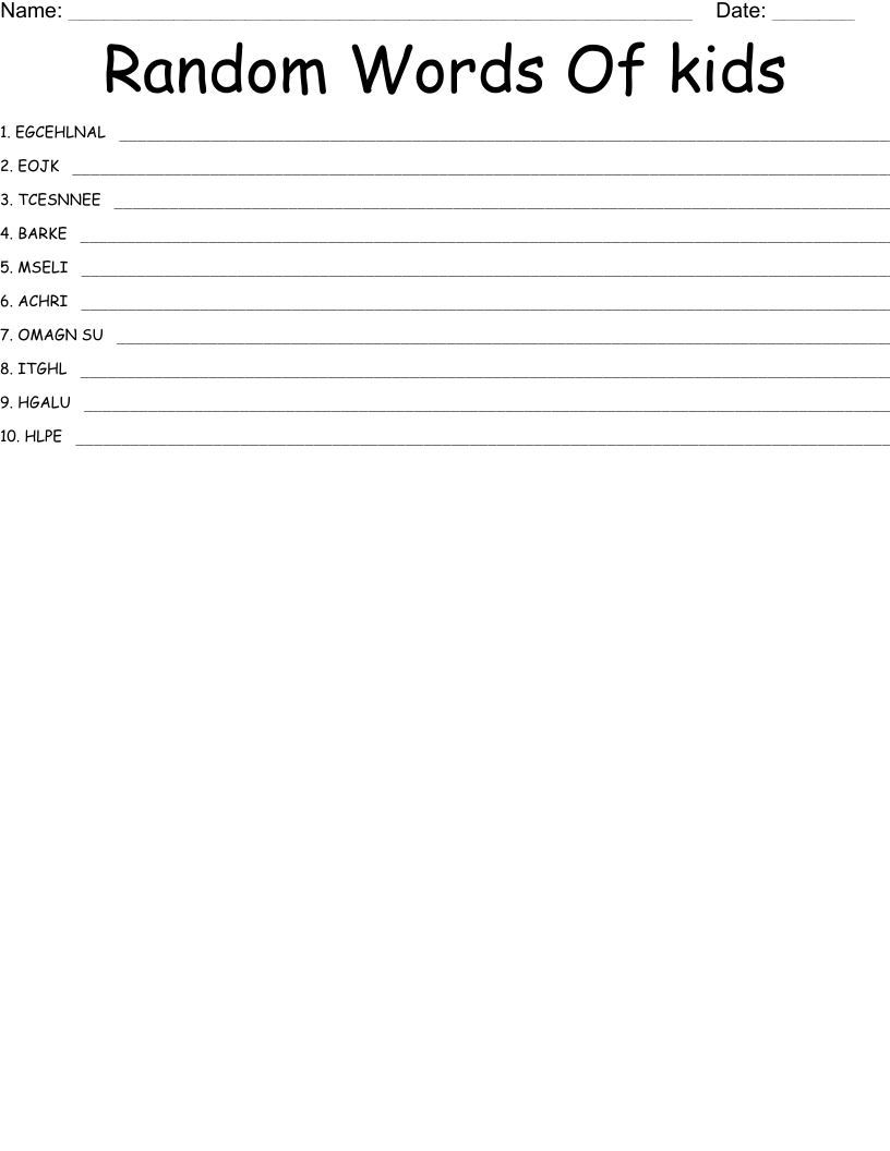 Random Words Of kids Word Scramble - WordMint