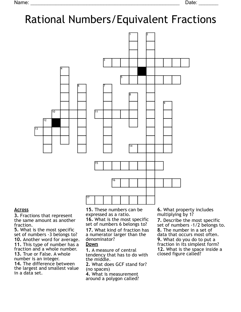 Rational Numbers Equivalent Fractions Crossword WordMint