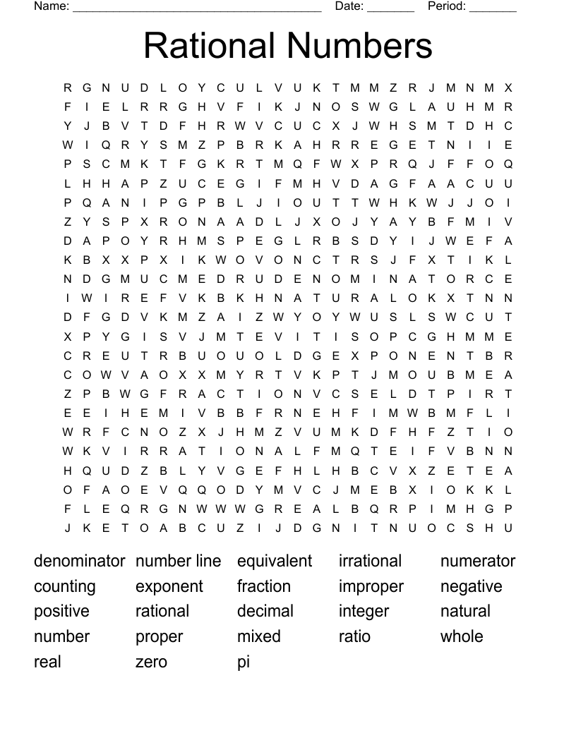 Rational Numbers Word Search WordMint