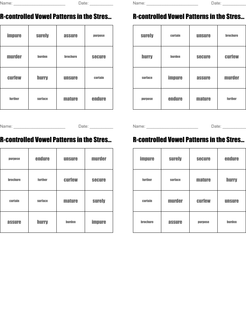 R-controlled Vowel Patterns in the Stressed Syllable Bingo Cards - WordMint