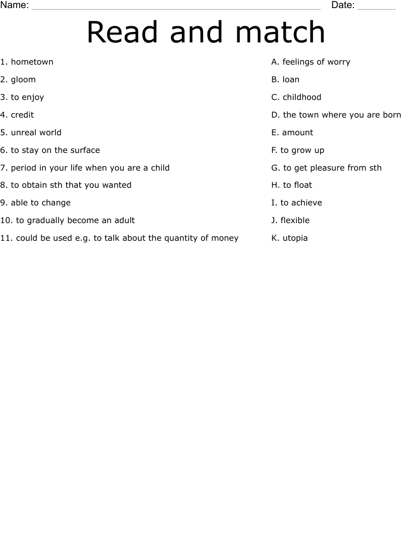 Read and match Worksheet - WordMint