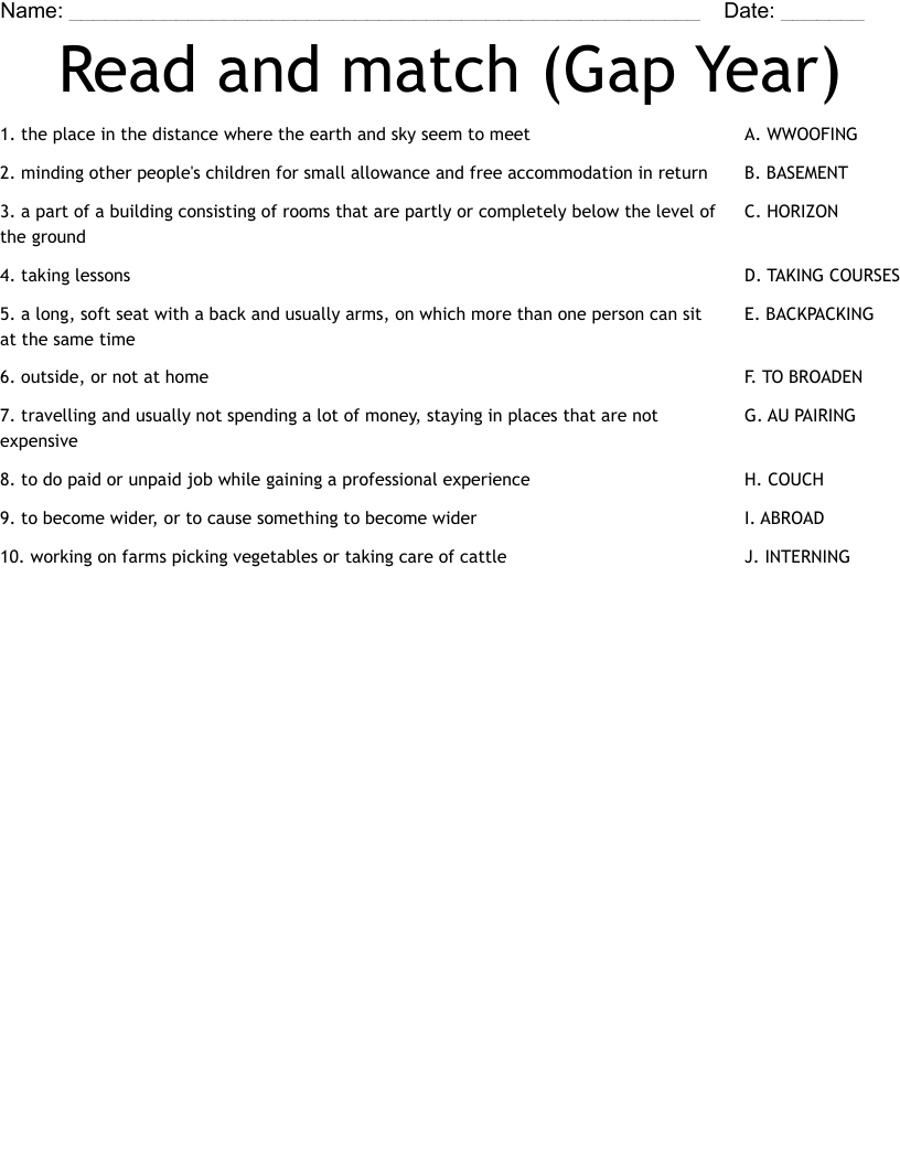 Read and match (Gap Year) Worksheet - WordMint
