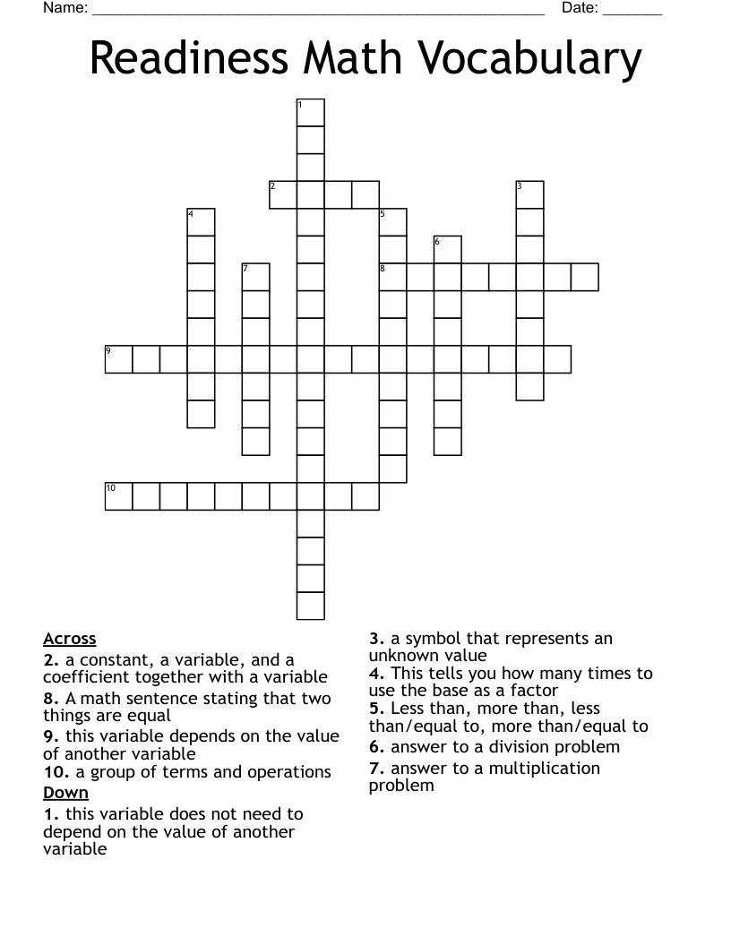 Readiness Math Vocabulary Crossword - WordMint