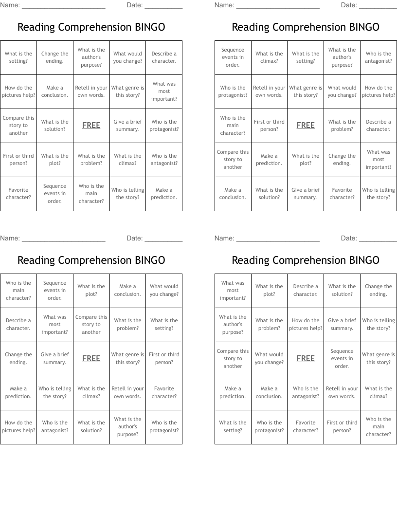 Reading Comprehension BINGO - WordMint