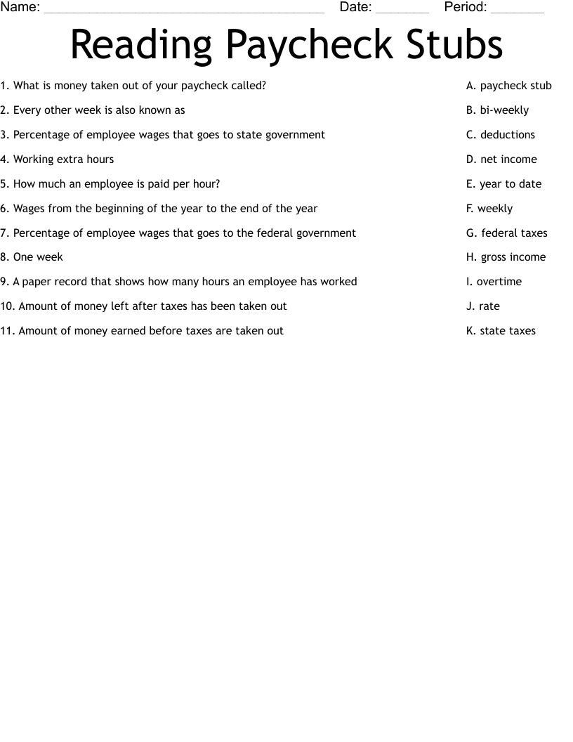 Reading Paycheck Stubs Worksheet WordMint