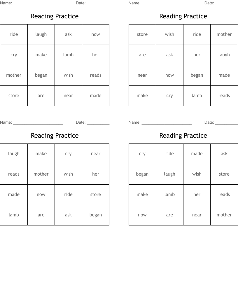 Reading Practice Bingo Cards - WordMint