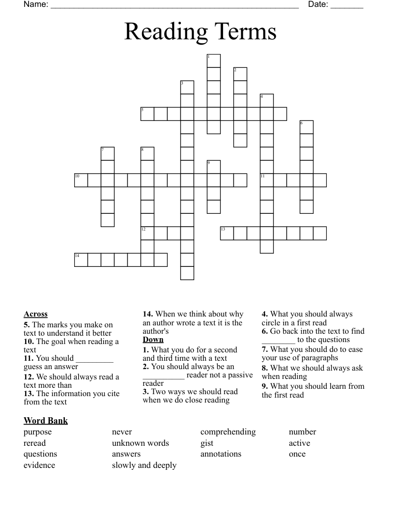 Reading Terms Crossword - WordMint