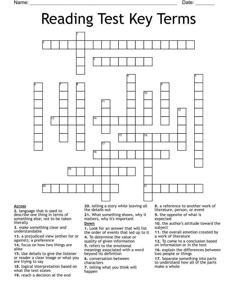 Reading Test Key Terms Crossword - WordMint